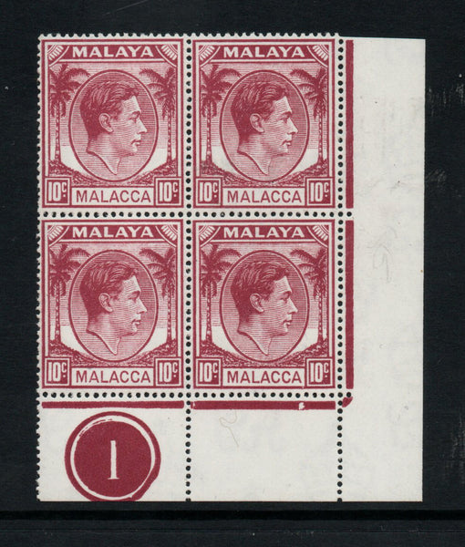 1949 KGVI Malaya Malacca Mult Script CA SG9 10c Purple Block of 4 from ...